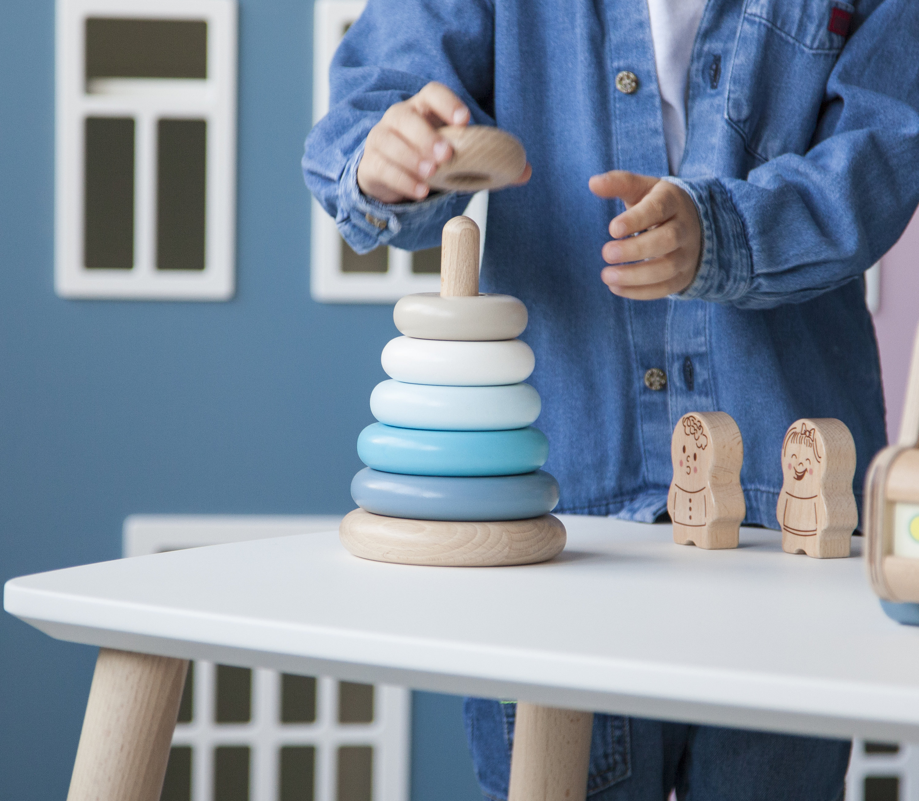 Blue Pyramid Stacking Toy, Development Toys, Natural Wood Toy, Color ...