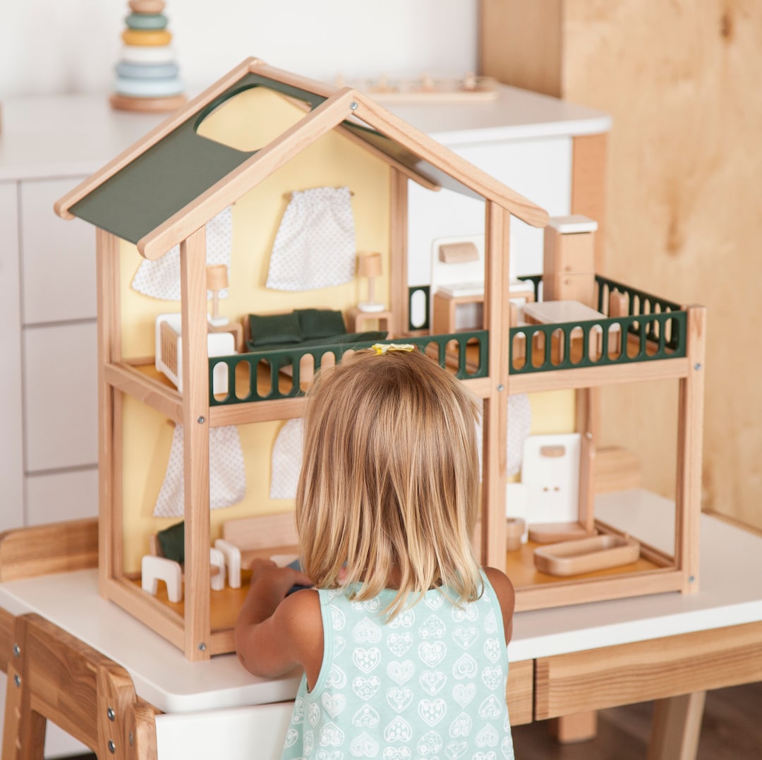 Large Wooden Doll House Set With Rooms and Furniture, Eco Friendly Toy ...