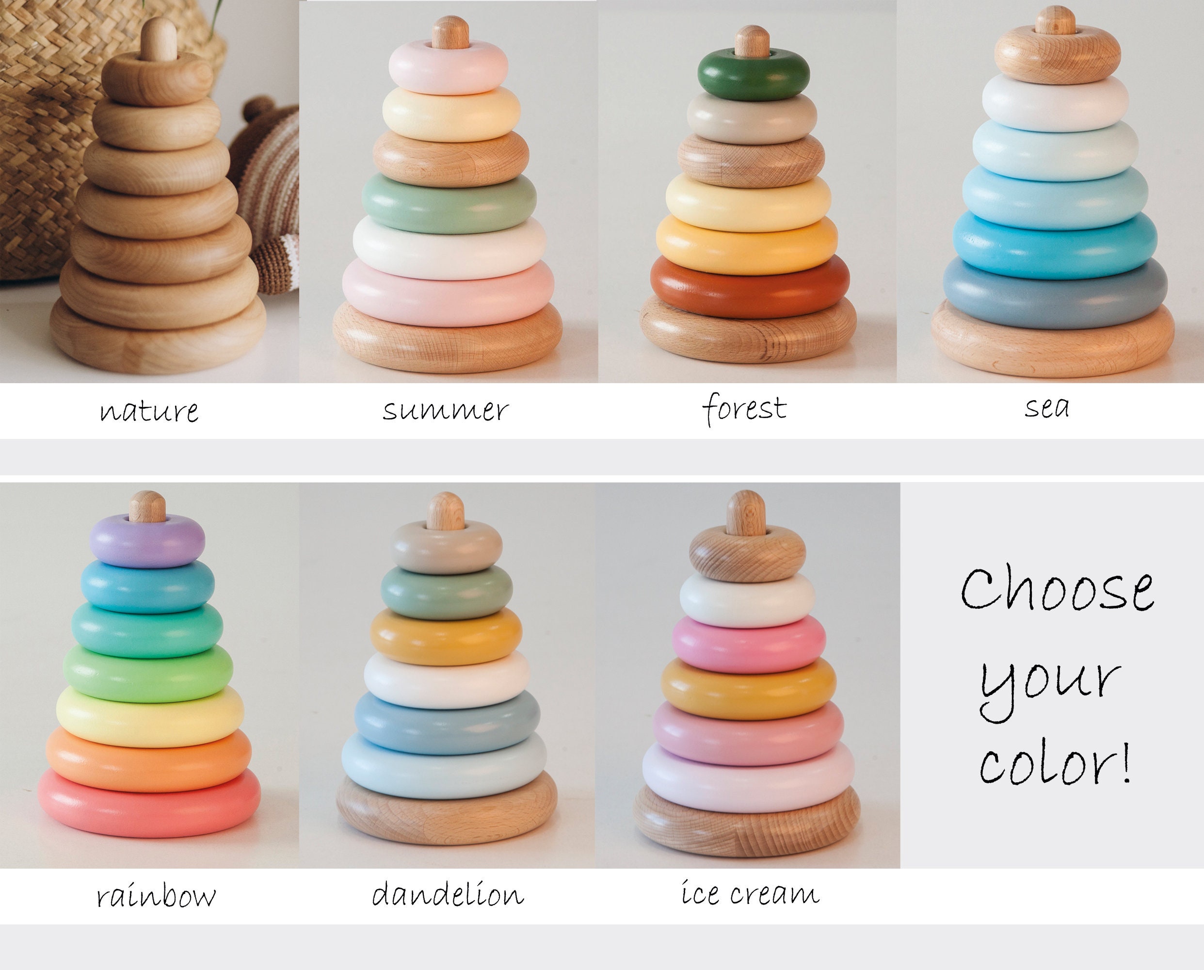 Blue Pyramid Stacking Toy, Development Toys, Natural Wood Toy, Color ...