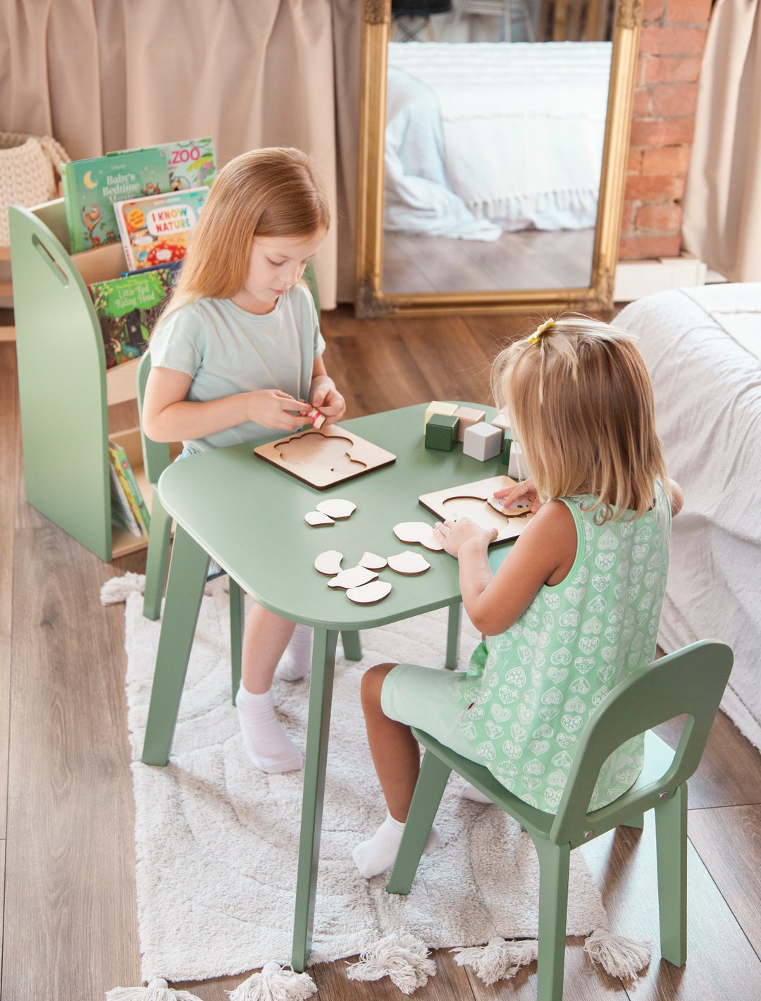 Book Shelf and Table and 2 Chair Set for Toddlers, Montessori Furniture ...