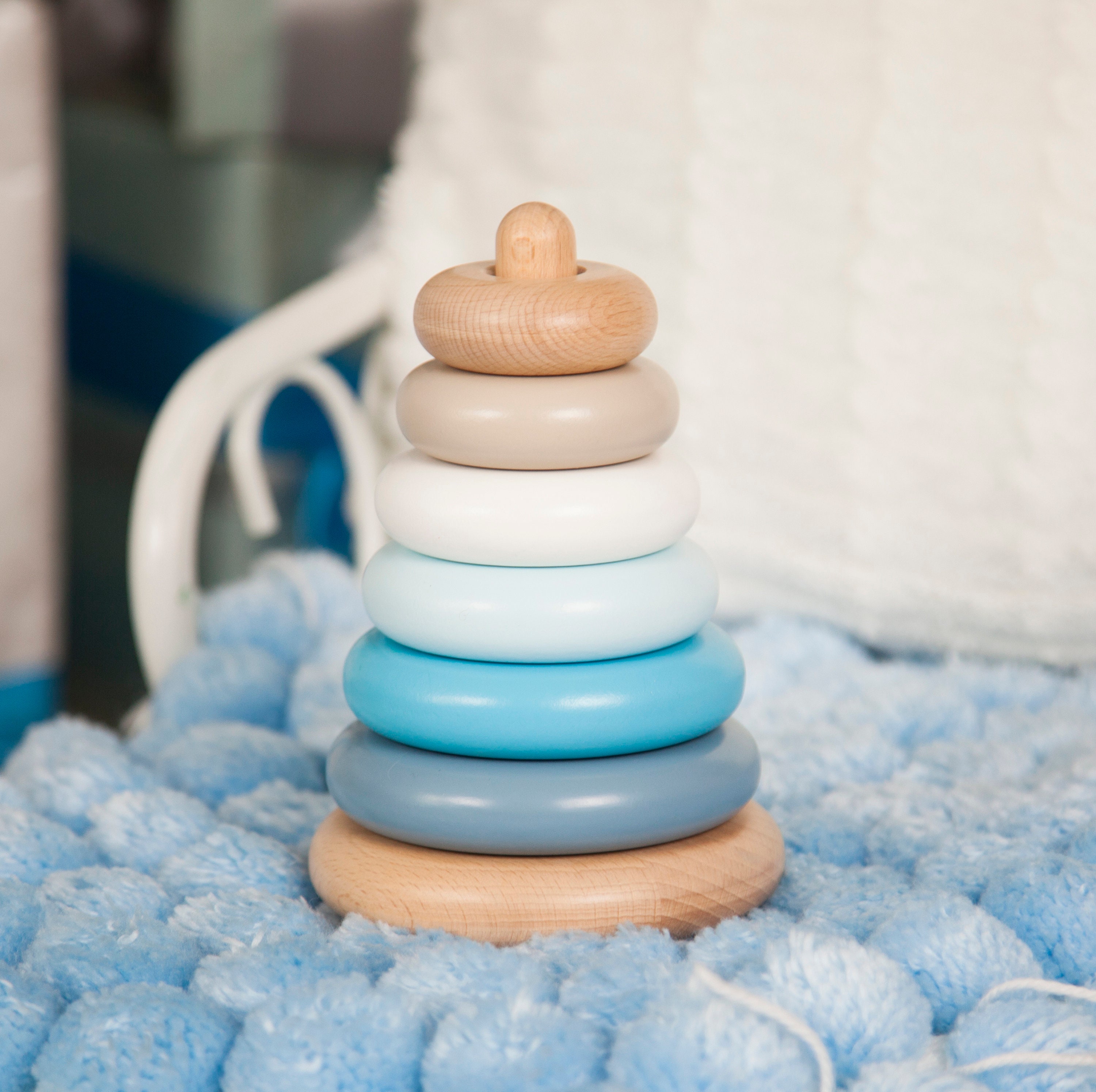 Blue Pyramid Stacking Toy, Development Toys, Natural Wood Toy, Color ...