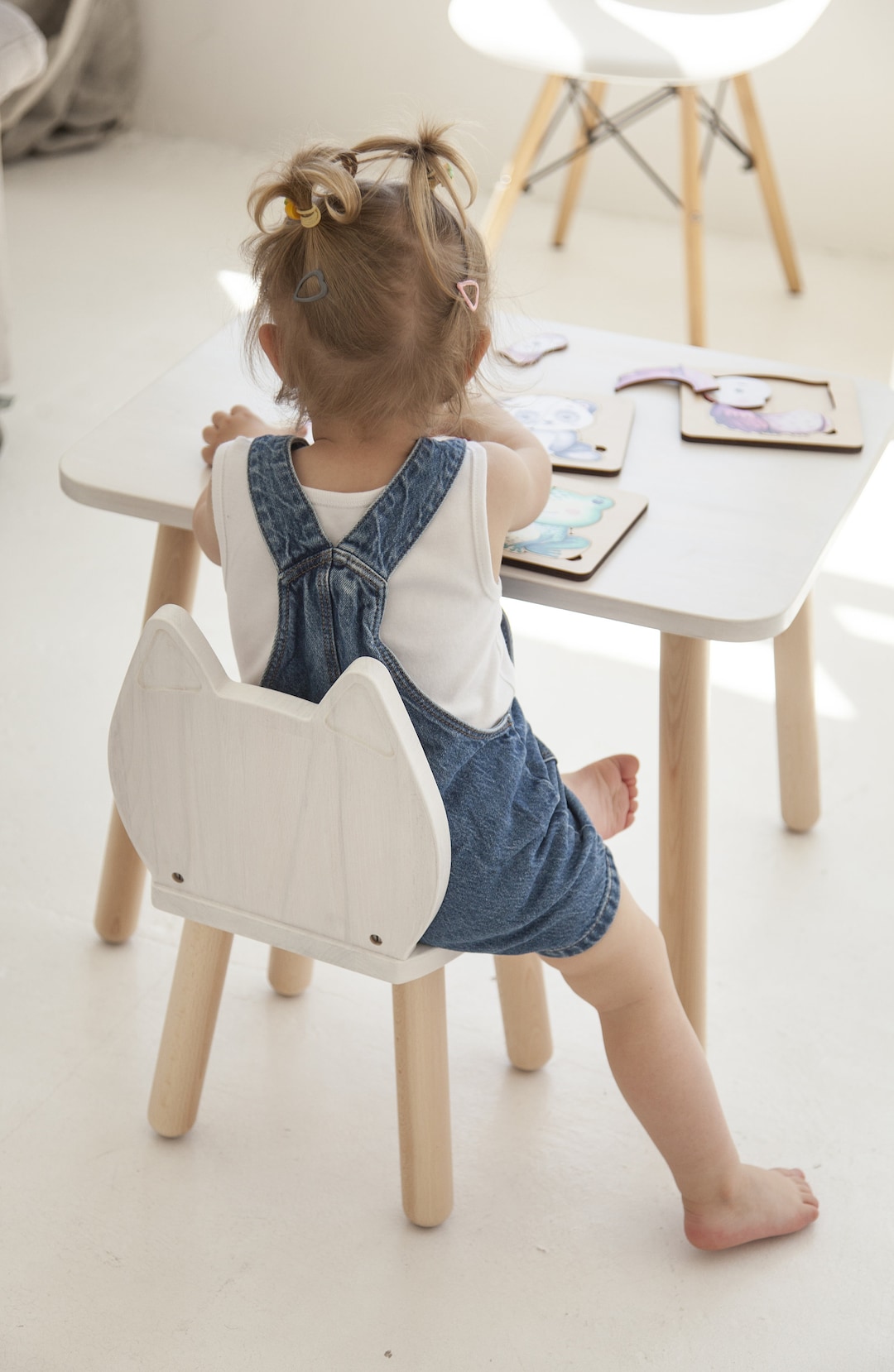 Table and 2 Chairs Set, Cat Ears Shape Chair Table Set, Waldorf ...