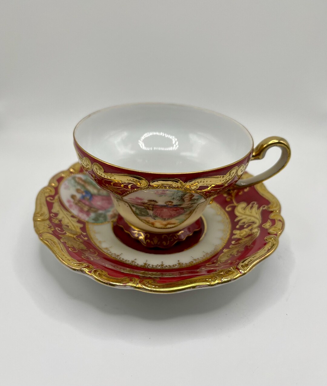 Vintage Raised Gold Gilt Handpainted Courting Couple Footed Burgundy ...
