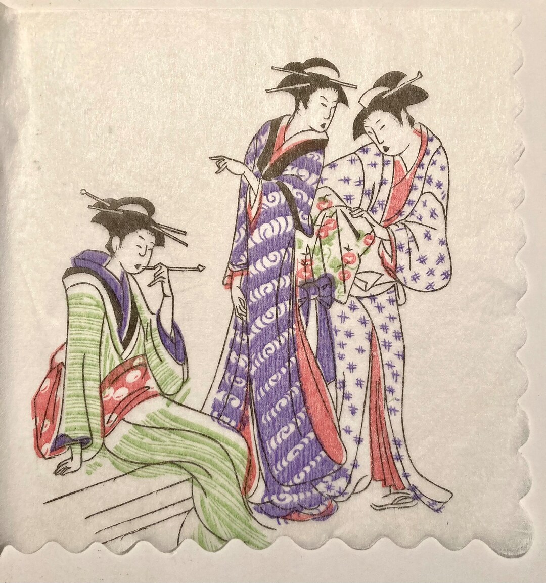 3 Vintage Decoupage Rice Paper Napkins, Three Japanese Woman Kiseru ...