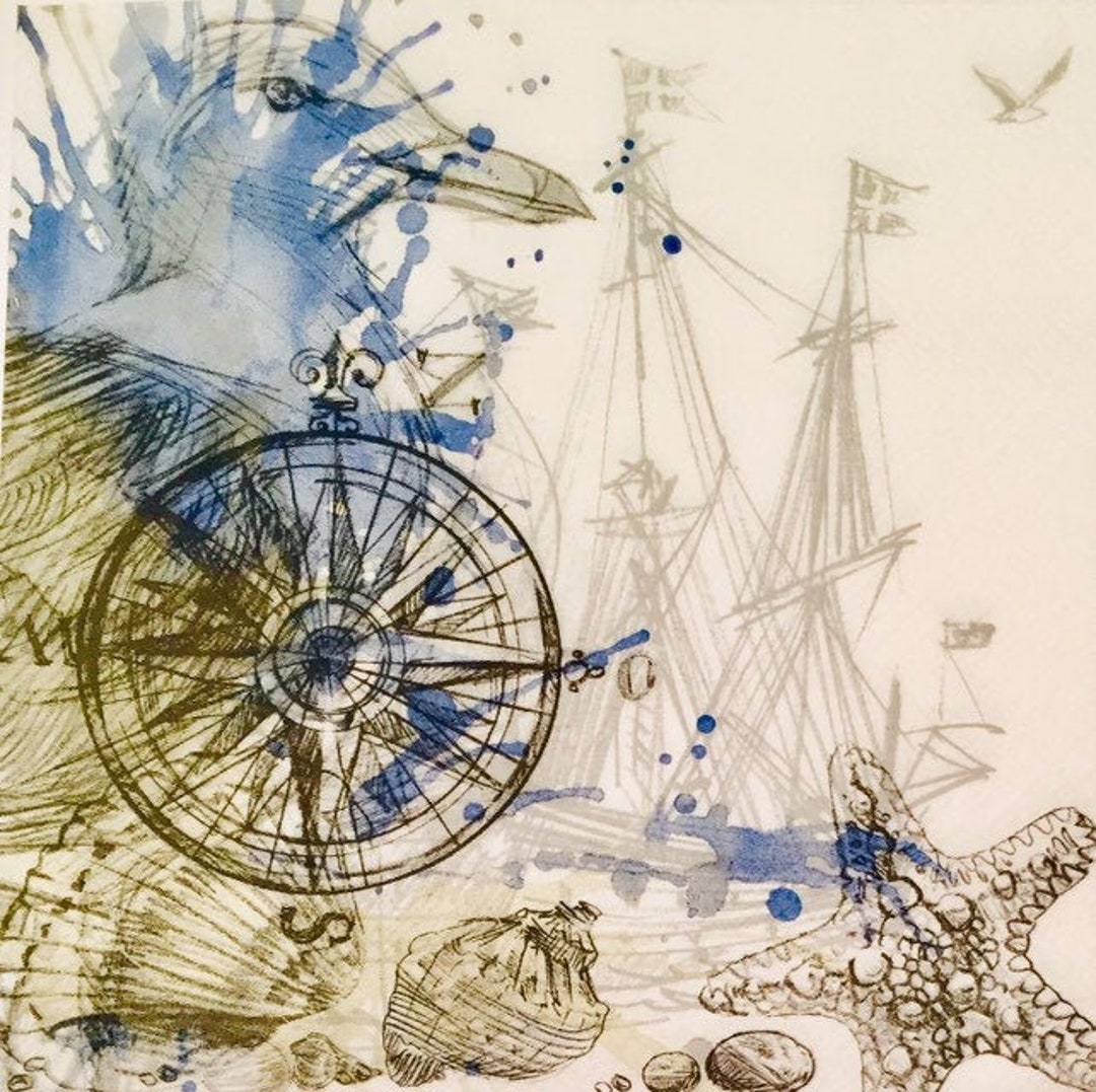 3 Decoupage Napkins - Vintage Marine Nautical Collage, 13" X 13 ...