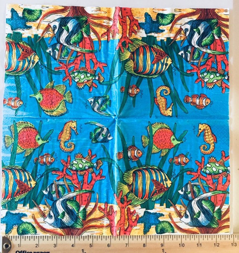 3 Decoupage Napkins, Tropical Fish Sea Life Bright Blue Ocean 13" X 13 ...