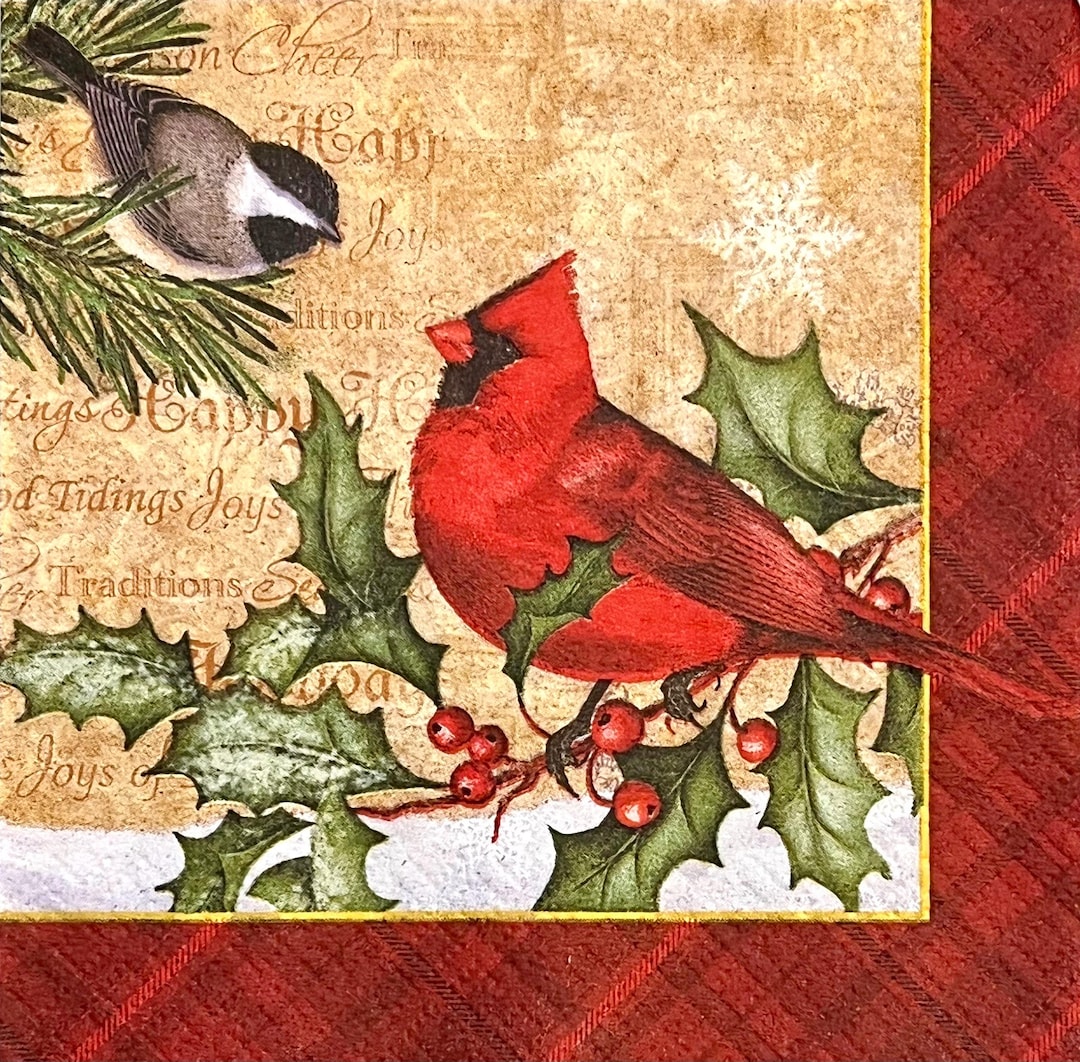 3 Decoupage Beverage Napkins, Red Cardinal With Chickadee on Holly ...
