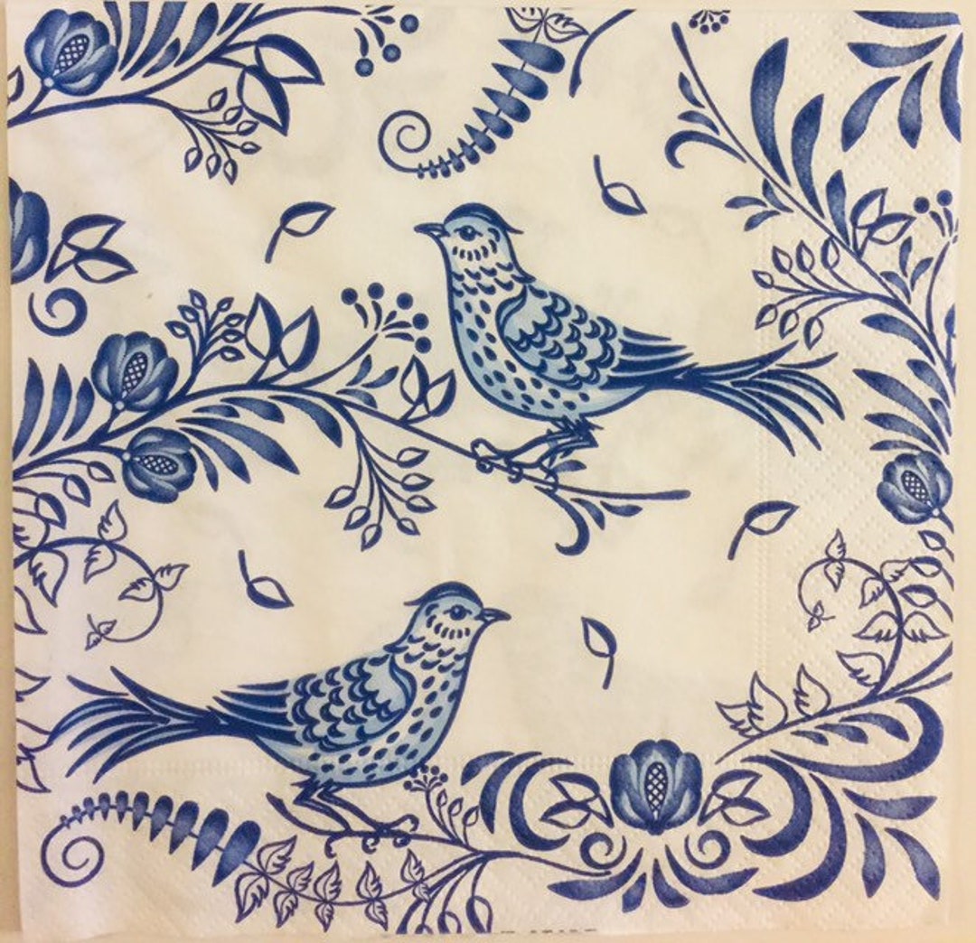 3 Decoupage Napkins, Blue White Porcelain Bird, 13" X 13" Unfolded - Etsy