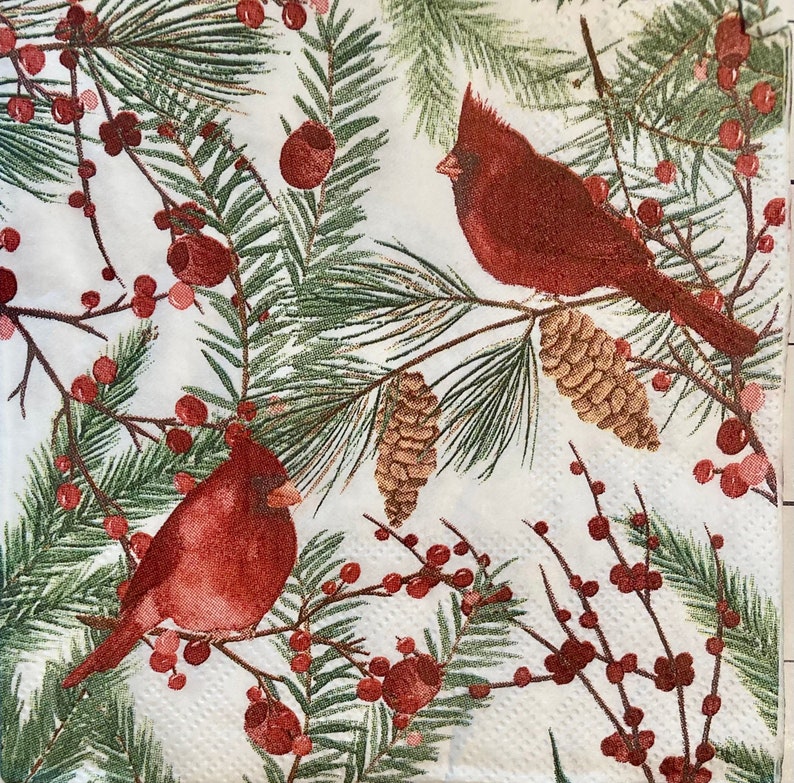 3 Decoupage Beverage Napkins, Cardinal Birds Pine Tree Red Berries, 10 ...