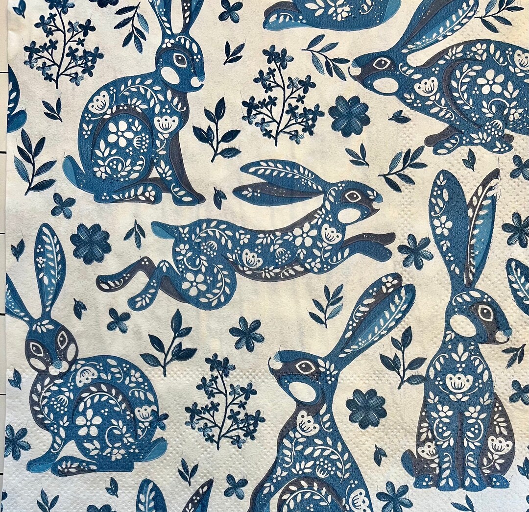 3 Decoupage Napkins, Folk Art Indigo Blue White Floral Rabbits, 13"x13 ...