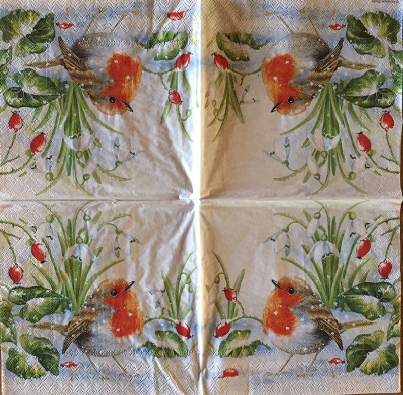 3 Decoupage Napkins Round Robin Bird in Snow 13 x | Etsy