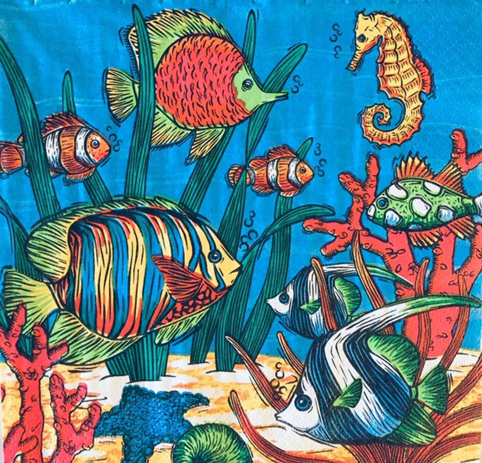 3 Decoupage Napkins, Tropical Fish Sea Life Bright Blue Ocean 13" X 13 ...