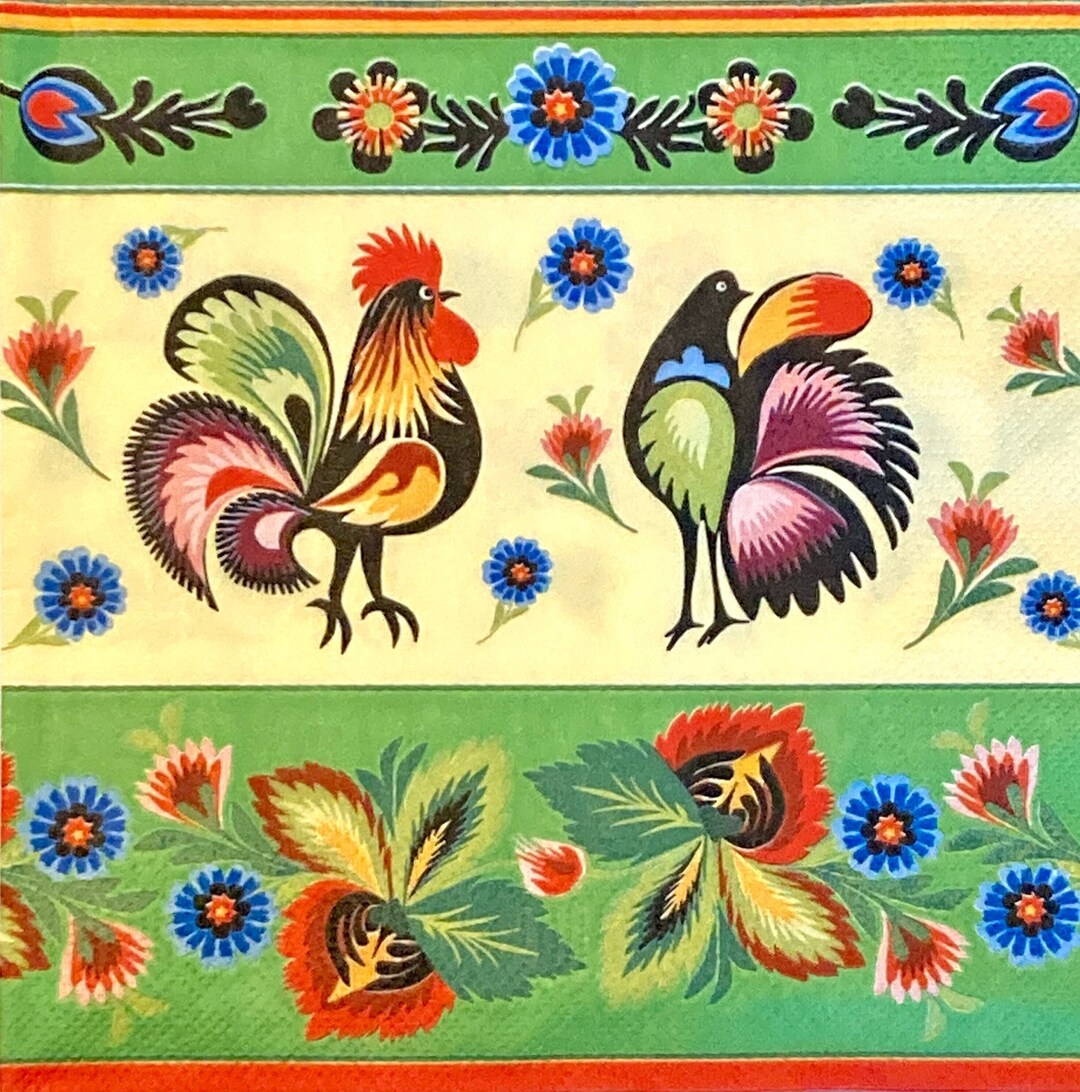 3 Decoupage Napkins, Polish Lowicz Folk Art Green Roosters, 13" X 13 ...