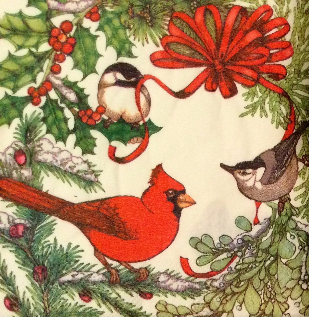 3 Decoupage Napkins, Cardinal Chickadee Birds in Holly, 13" X 13 ...