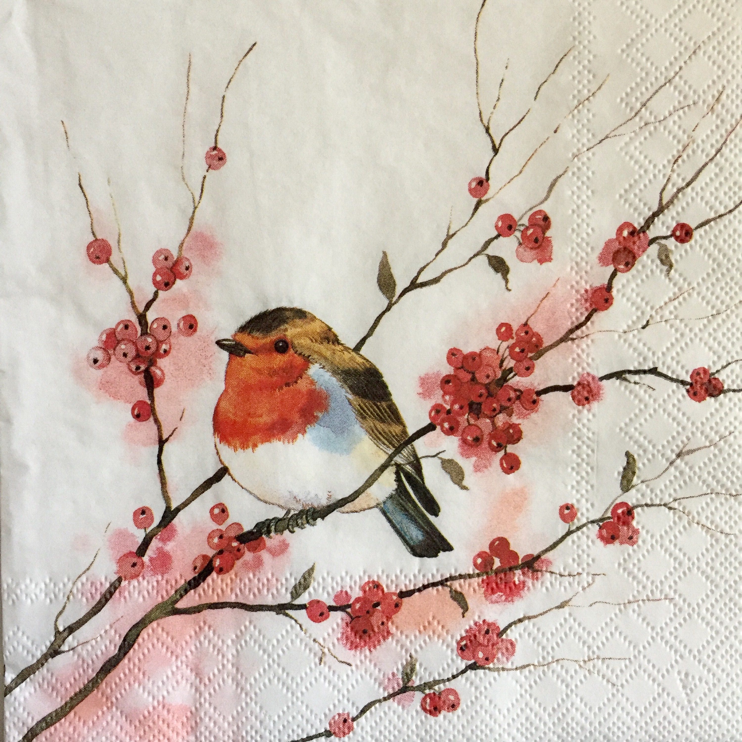 Papercraft 3 Decoupage Beverage Napkins Robin Bird Wreath Red Berries ...