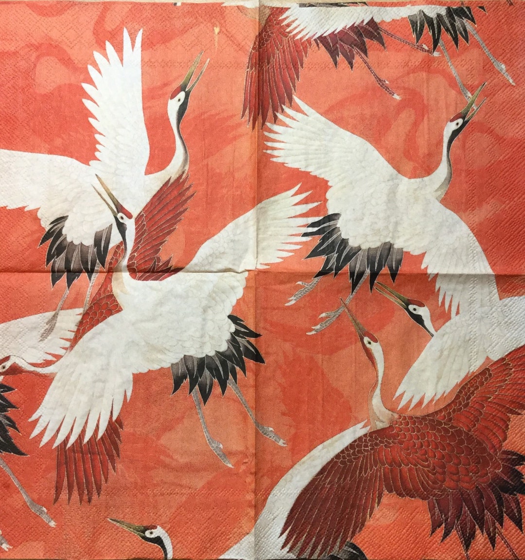 3 Decoupage Napkins, Japanese Cranes Red 13" X 13" Unfolded - Etsy