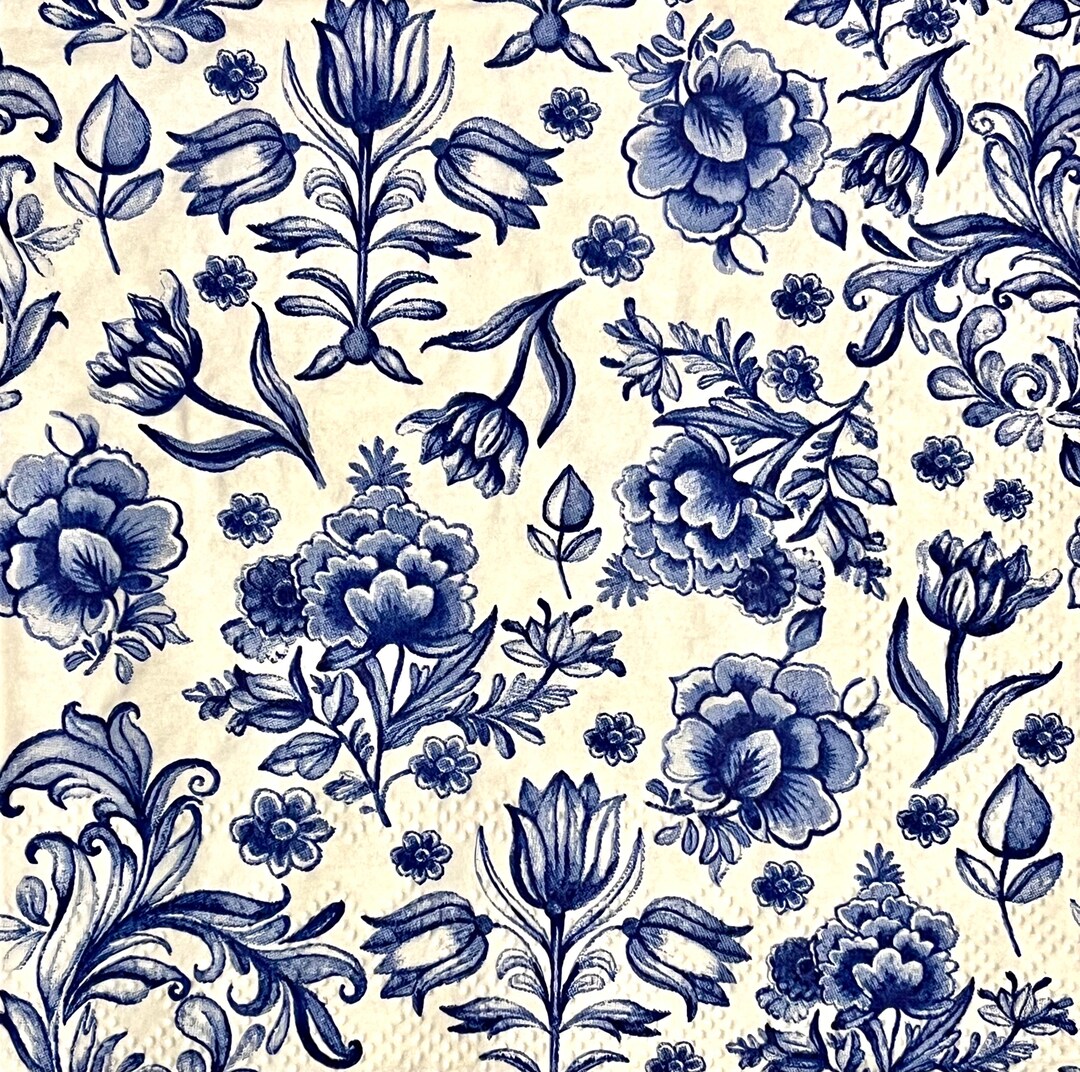 3 Decoupage Beverage Napkins, Delft Blue White Toile Flowers, 10 X 10 ...