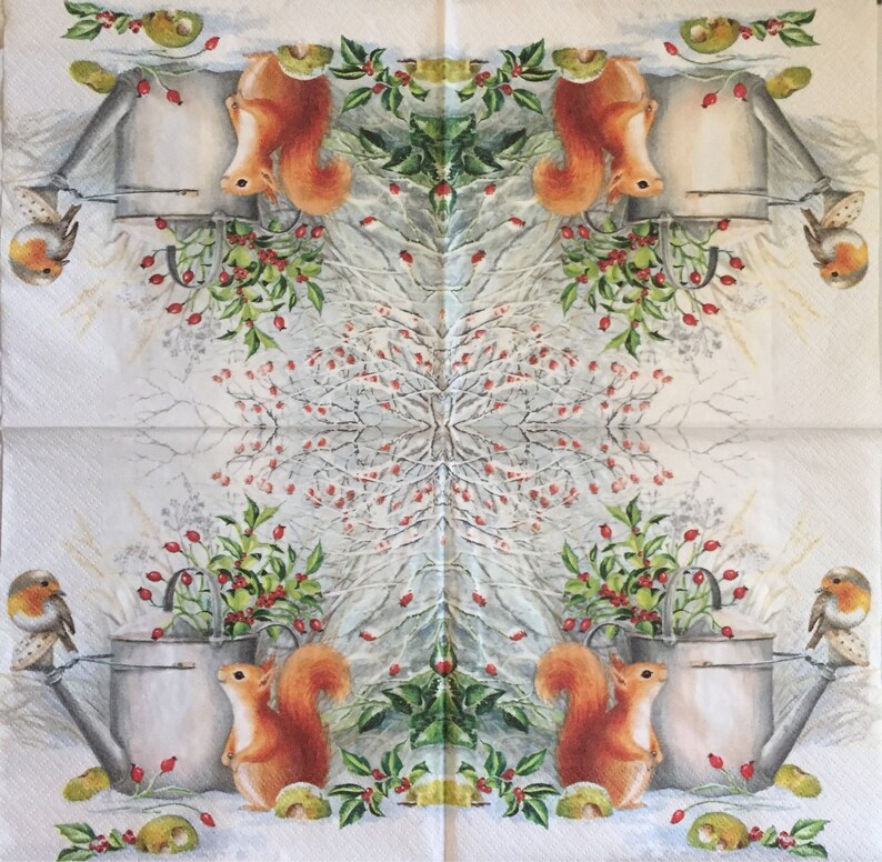 3 Decoupage Napkins Winter Squirrel With Robin 13 X - Etsy