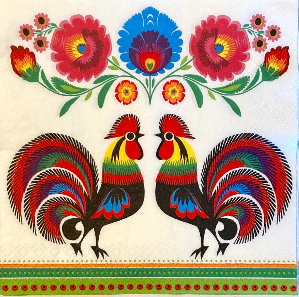 3 Decoupage Napkins Polish Lowicz Folk Art Roosters 13 - Etsy
