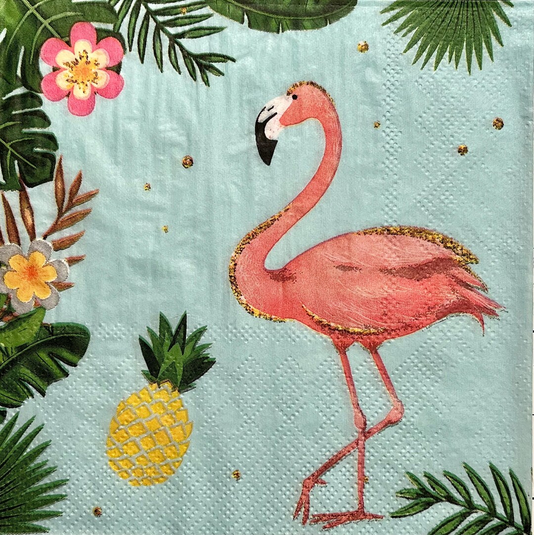 3 Decoupage Napkins, Pink Flamingo Tropical Leaves Pineapplee, 13"x13 ...
