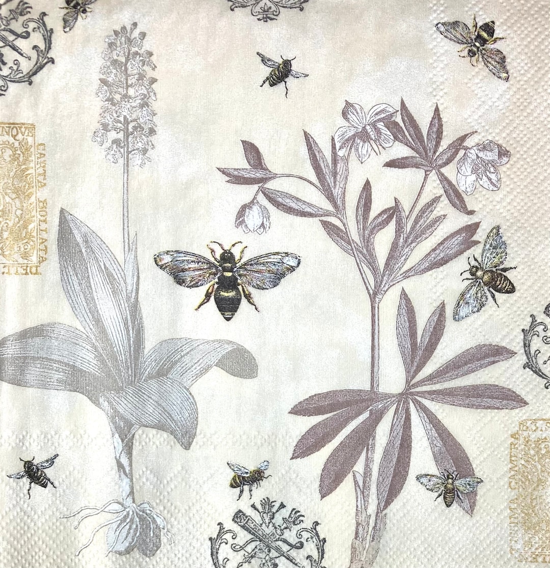 3 Decoupage Napkins, Wild Honey Bees Flowers 13" X 13" Unfolded - Etsy