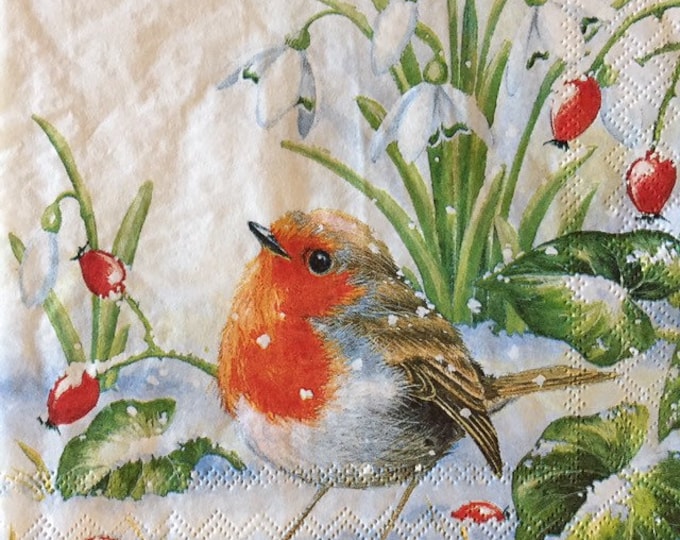 3 Decoupage Napkins Round Robin Bird in Snow 13 X - Etsy