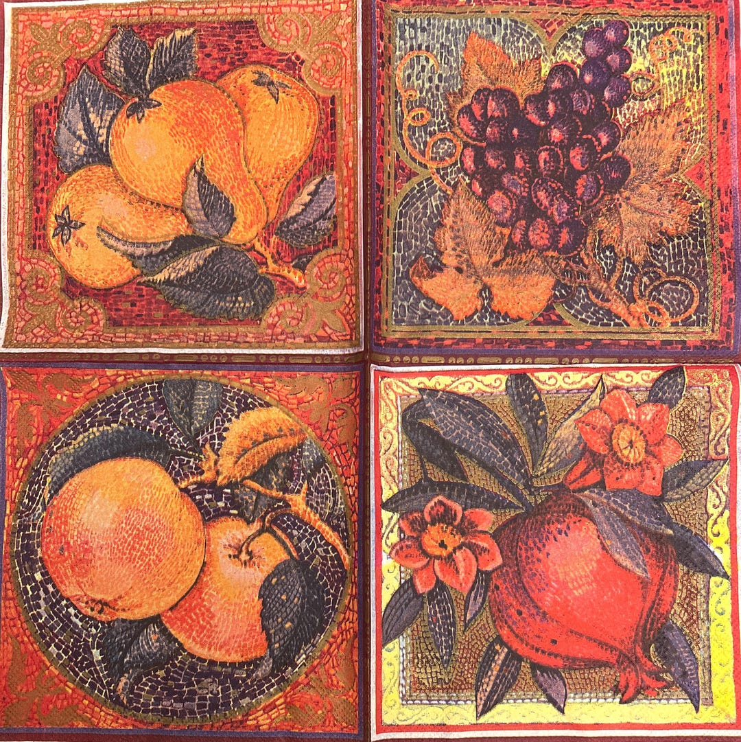 3 Decoupage Napkins - Pears Oranges Pomegranates Grapes Fruits Mosaic ...