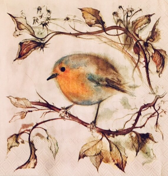 3 Decoupage Beverage Napkins Round Red Robin Bird in Autumn | Etsy
