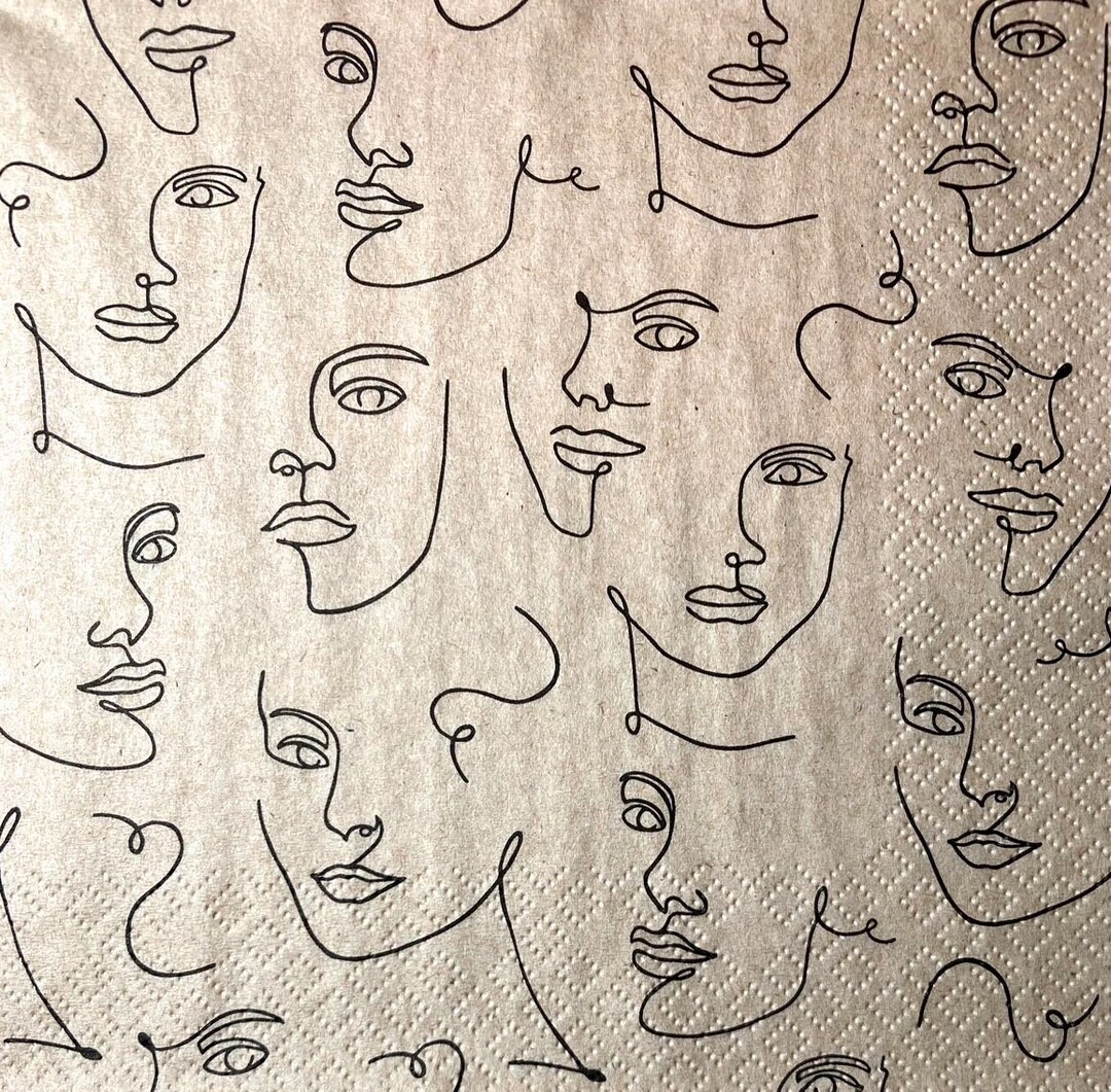 3 Decoupage Napkins, Abstract Faces Drawing Beige Black, 13 X 13 ...