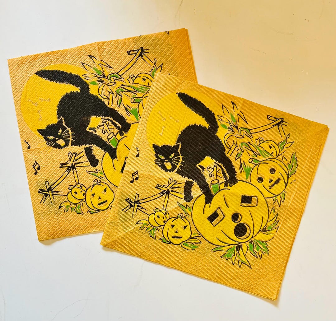 Two MCM 1940s Collectible Vintage Crepe Paper Napkins, Scary Halloween ...