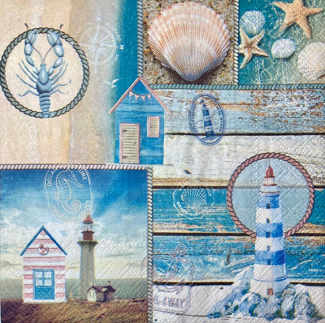 3 Decoupage Napkins, Blue Ocean Sea Shells Lighthouse Collage 13" X 13 ...