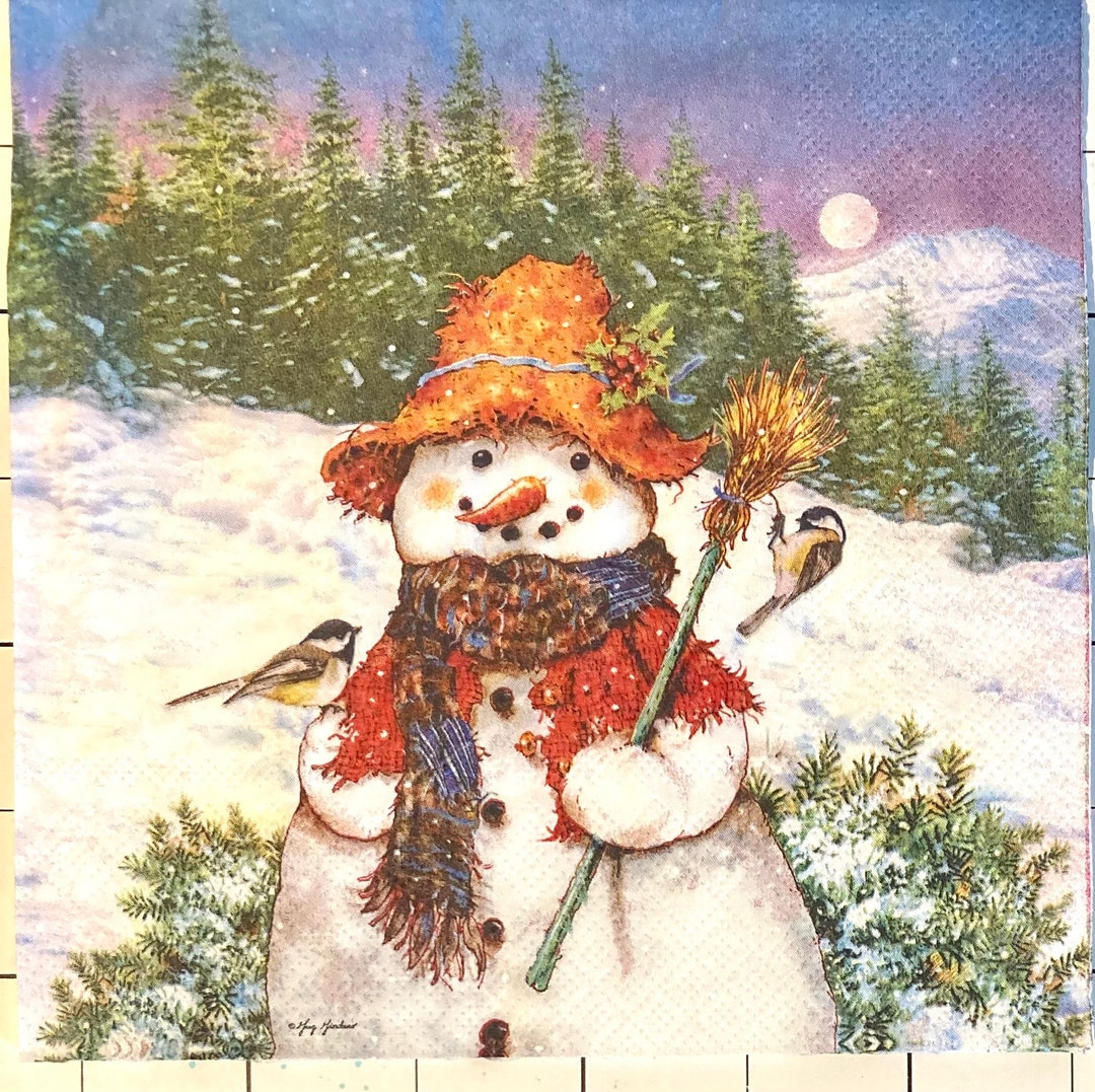 3 Decoupage Napkins, Snowman With Birds 13" X 13" Unfolded - Etsy