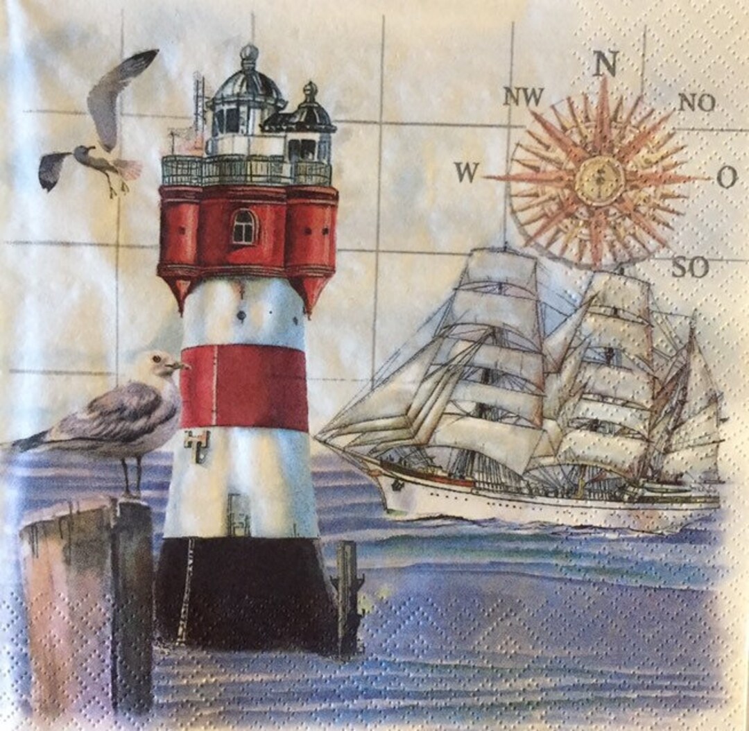 3 Decoupage Napkins, Ocean Lighthouse Compass Ship 13" X 13" Unfolded ...