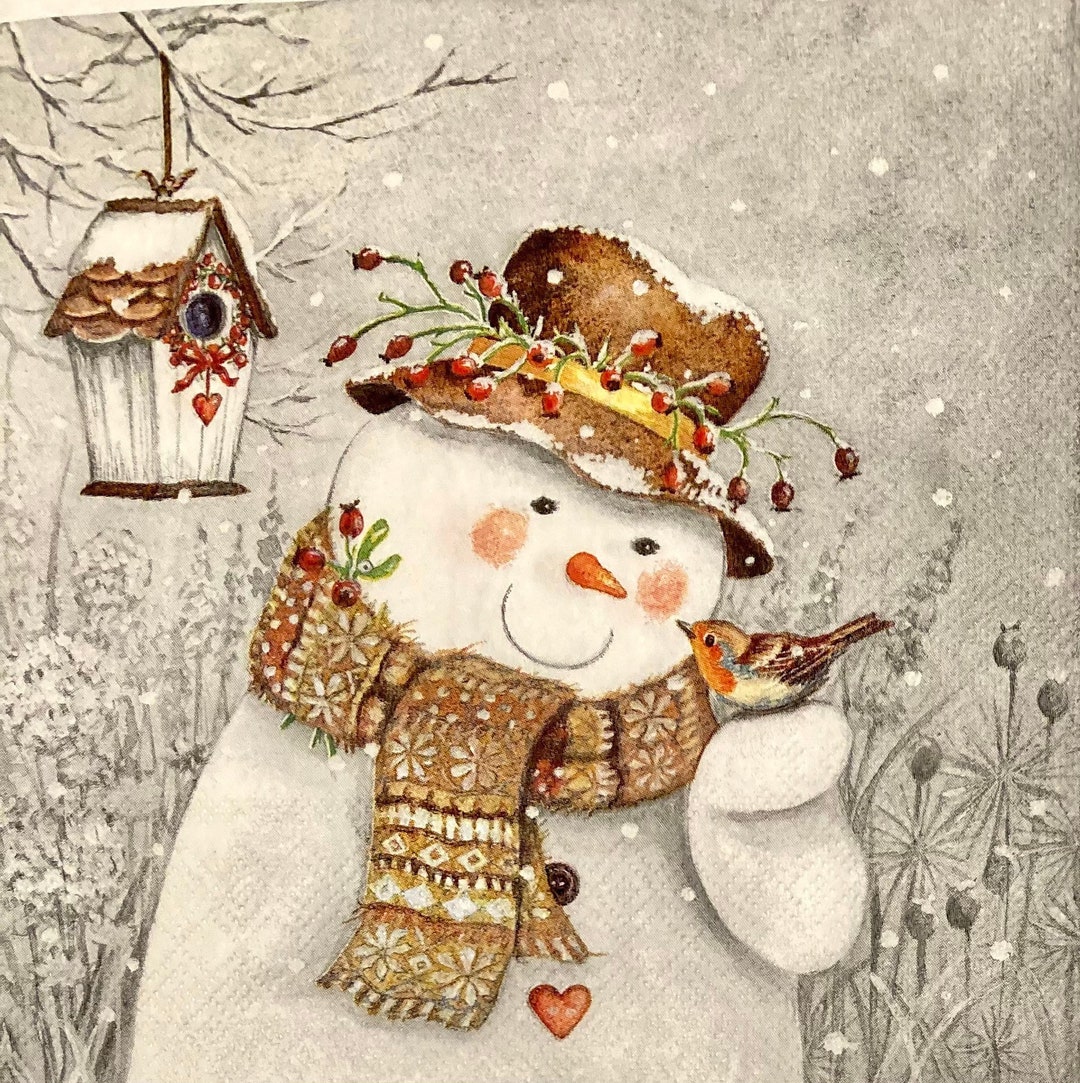 3 Decoupage Luncheon Napkins, Snowman With Robin 13" X 13" Unfolded - Etsy