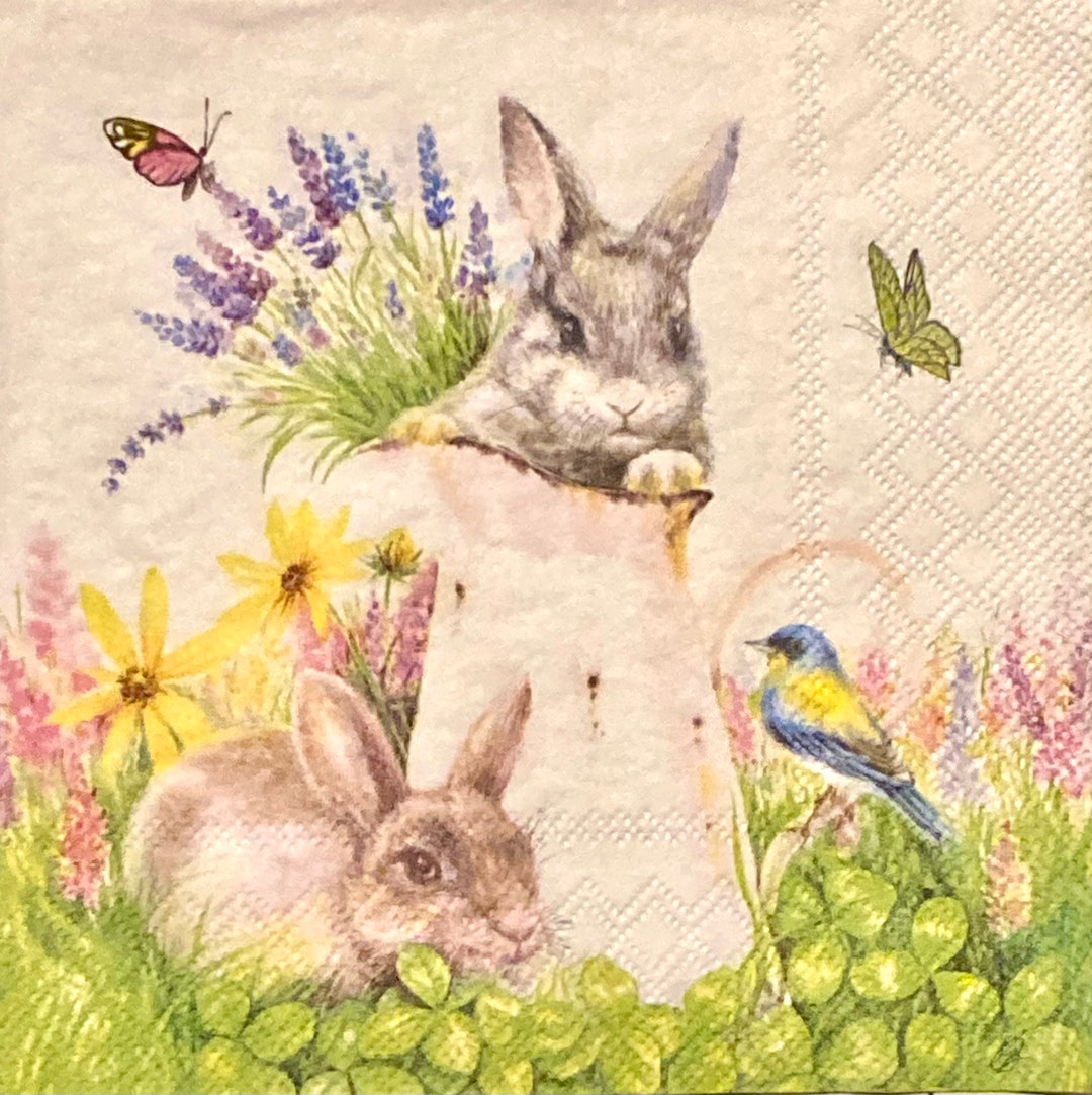 3 Decoupage Napkins, Bunny Rabbits Garden, 13" X 13" Unfolded - Etsy