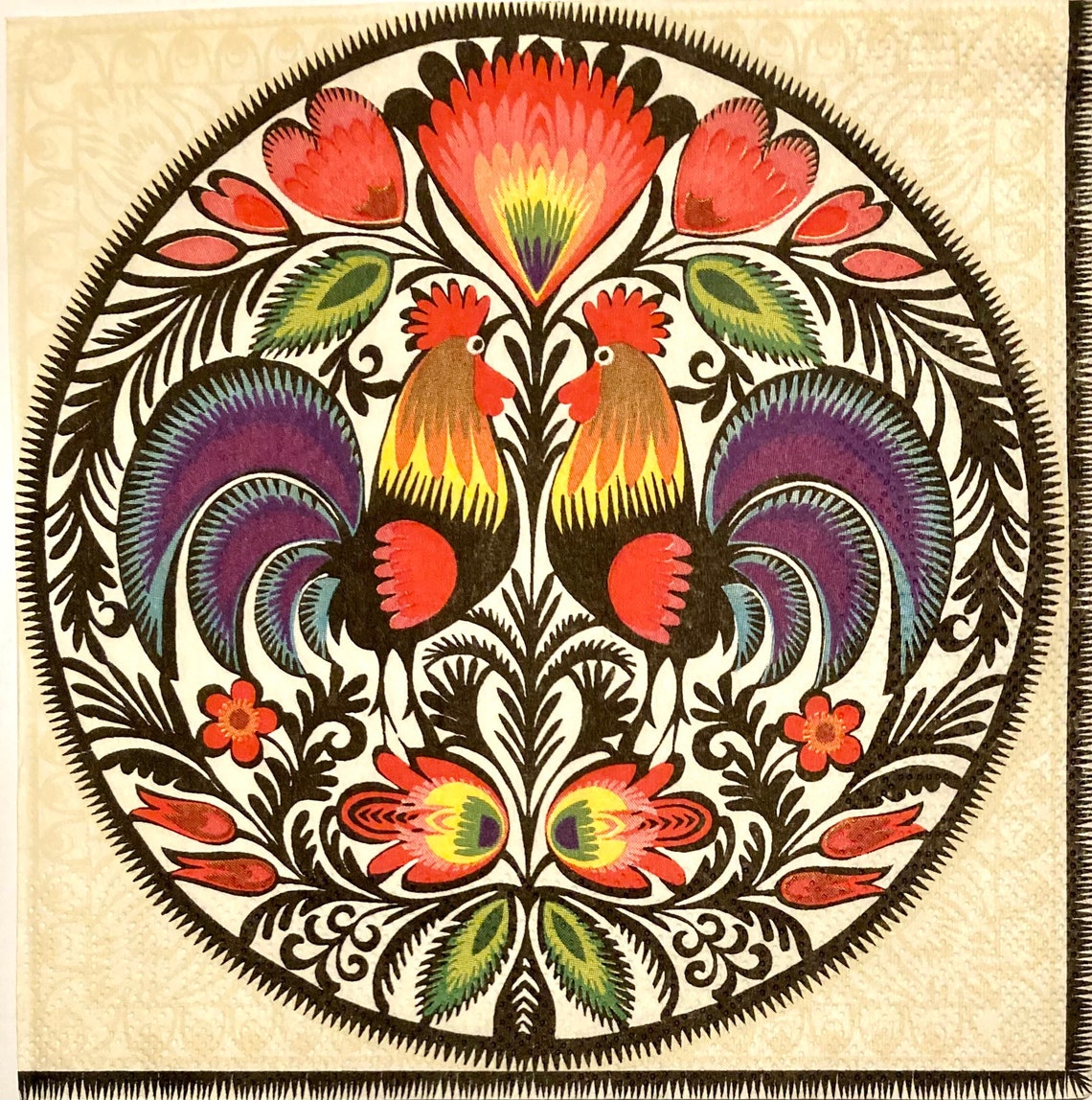 3 Decoupage Napkins Polish Lowicz Folk Art Roosters Black | Etsy