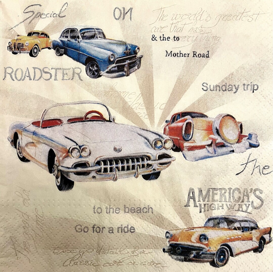 3 Decoupage Napkins, Classic Vintage American Cars, 13" X 13" Unfolded ...
