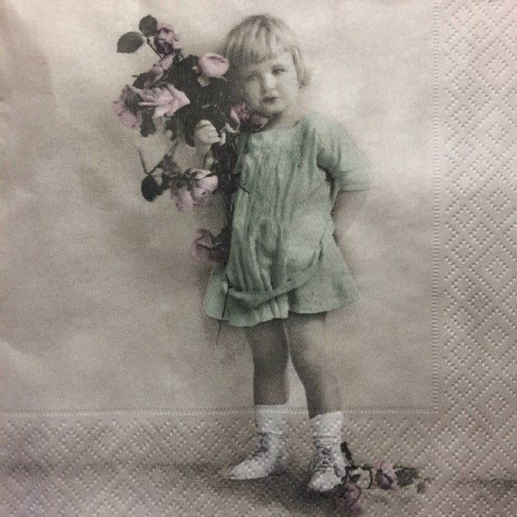 3 Decoupage Napkins Sagen Vintage Girl With Roses Flowers | Etsy