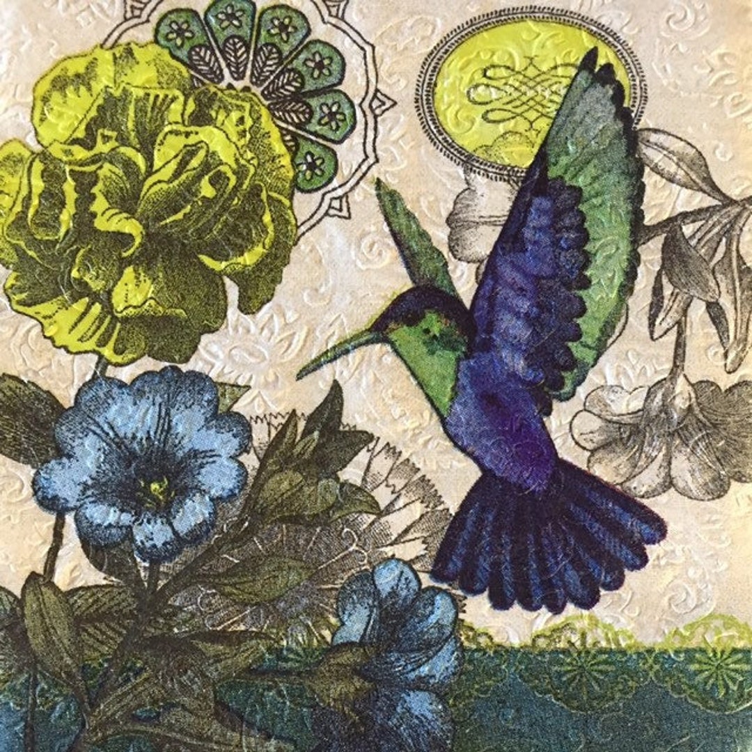 3 Decoupage Beverage Napkins, Embossed Blue Alluring Hummingbird, 10" X ...