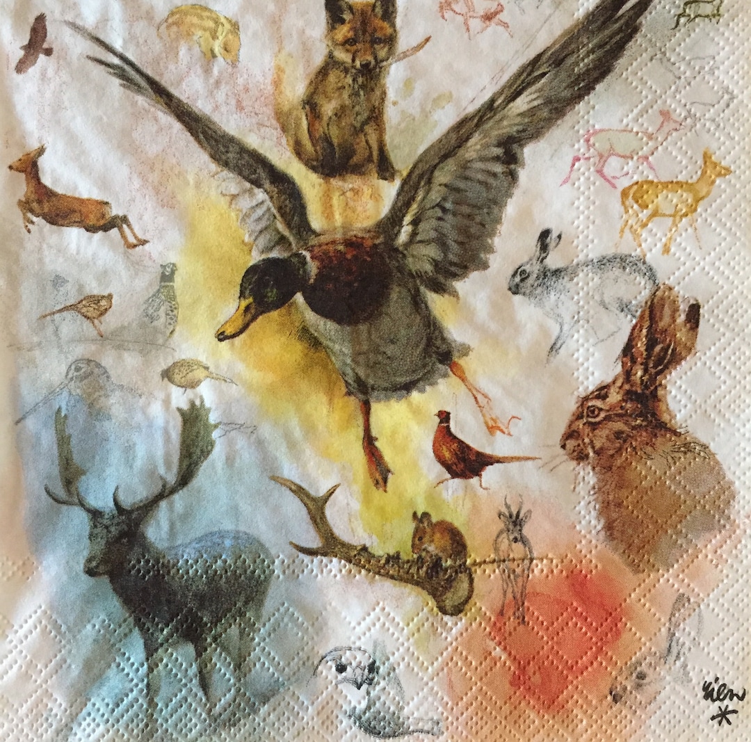 3 Decoupage Napkins, Animals Forest Wildlife Duck Rabbit Deer, 13" X 13 ...