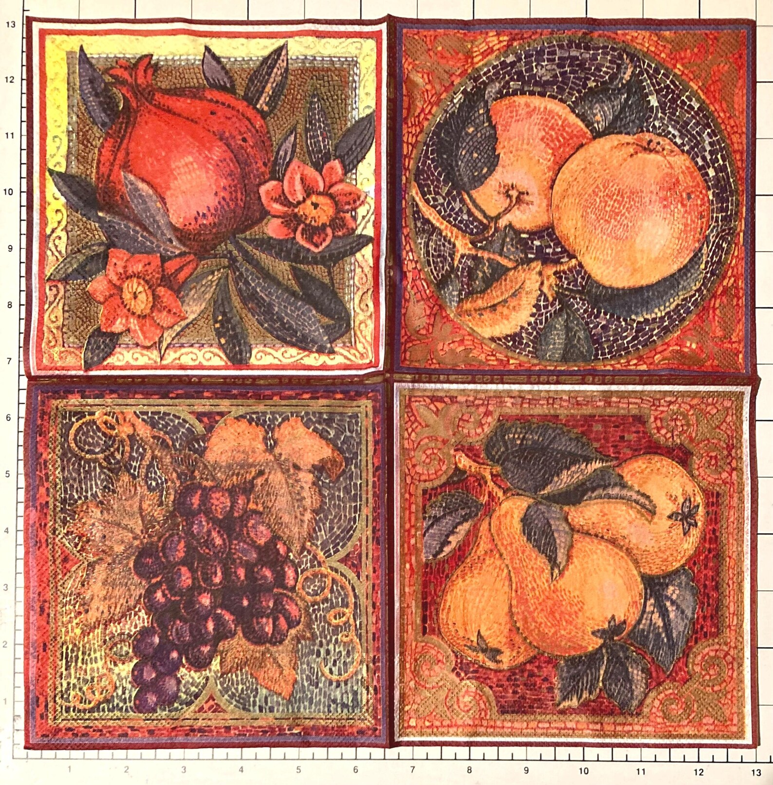 3 Decoupage Napkins - Pears Oranges Pomegranates Grapes Fruits Mosaic ...