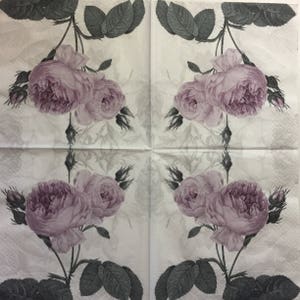 3 Decoupage Napkins, Sagen Vintage Pale Purple Roses Blooms 13" X 13 ...