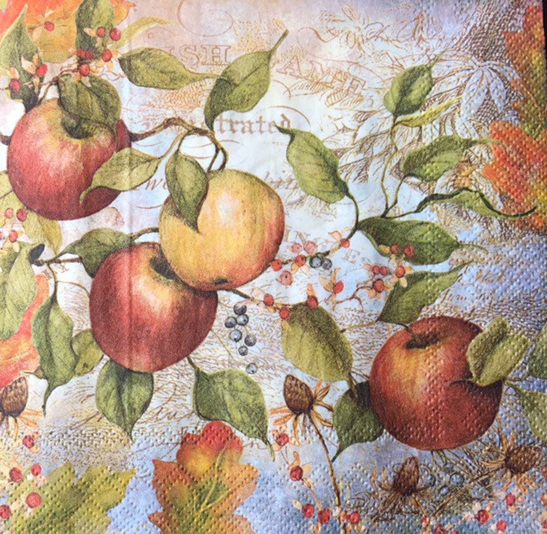 3 Decoupage Luncheon Napkins, Autumn Apples Collage, 13" X 13" Unfolded ...