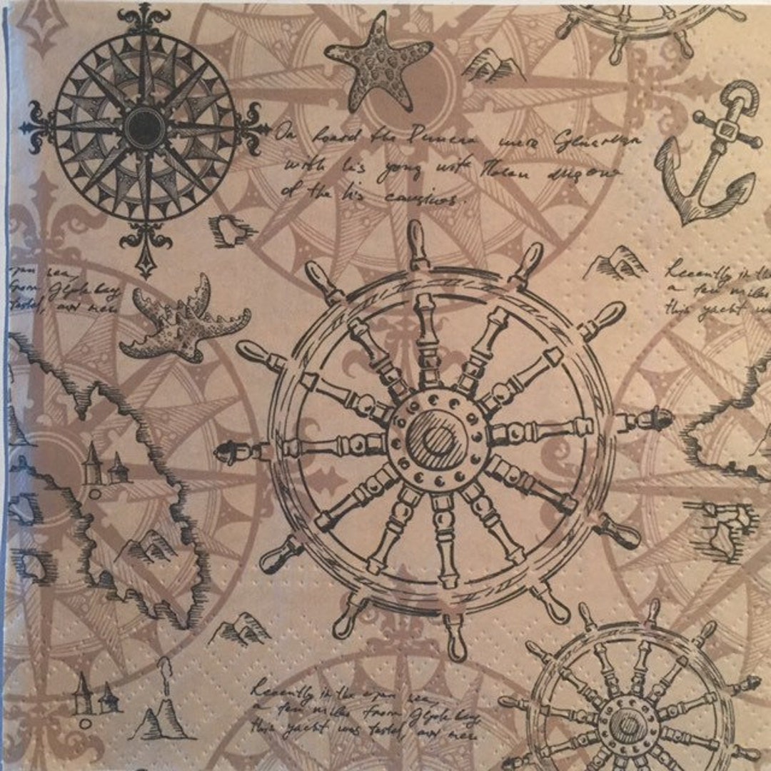 3 Decoupage Napkins, Cartography Ship Wheel Collage 13" X 13" Unfolded ...