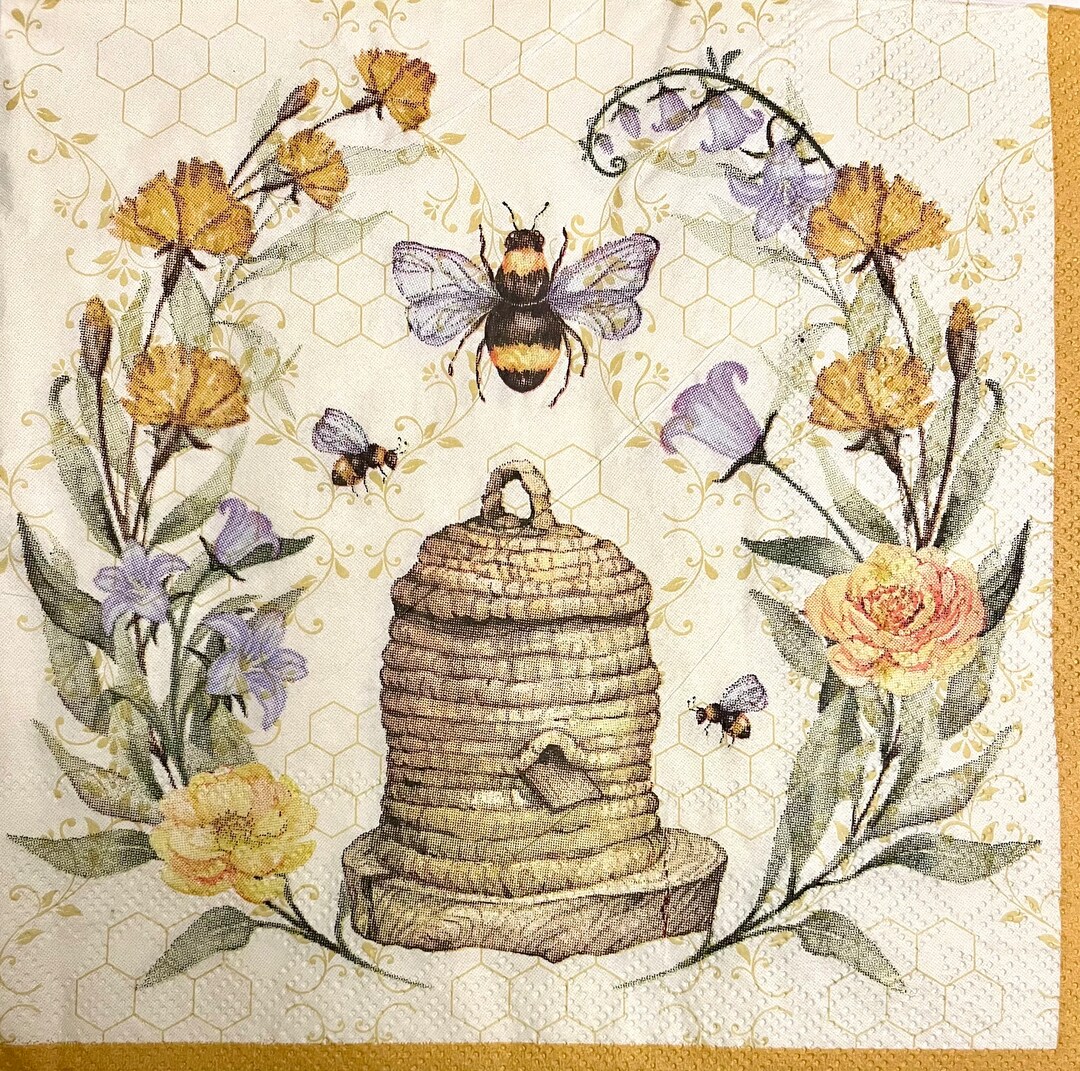 3 Decoupage Napkins, Summer Bees Flowers Beehive, 13" X 13" Unfolded - Etsy