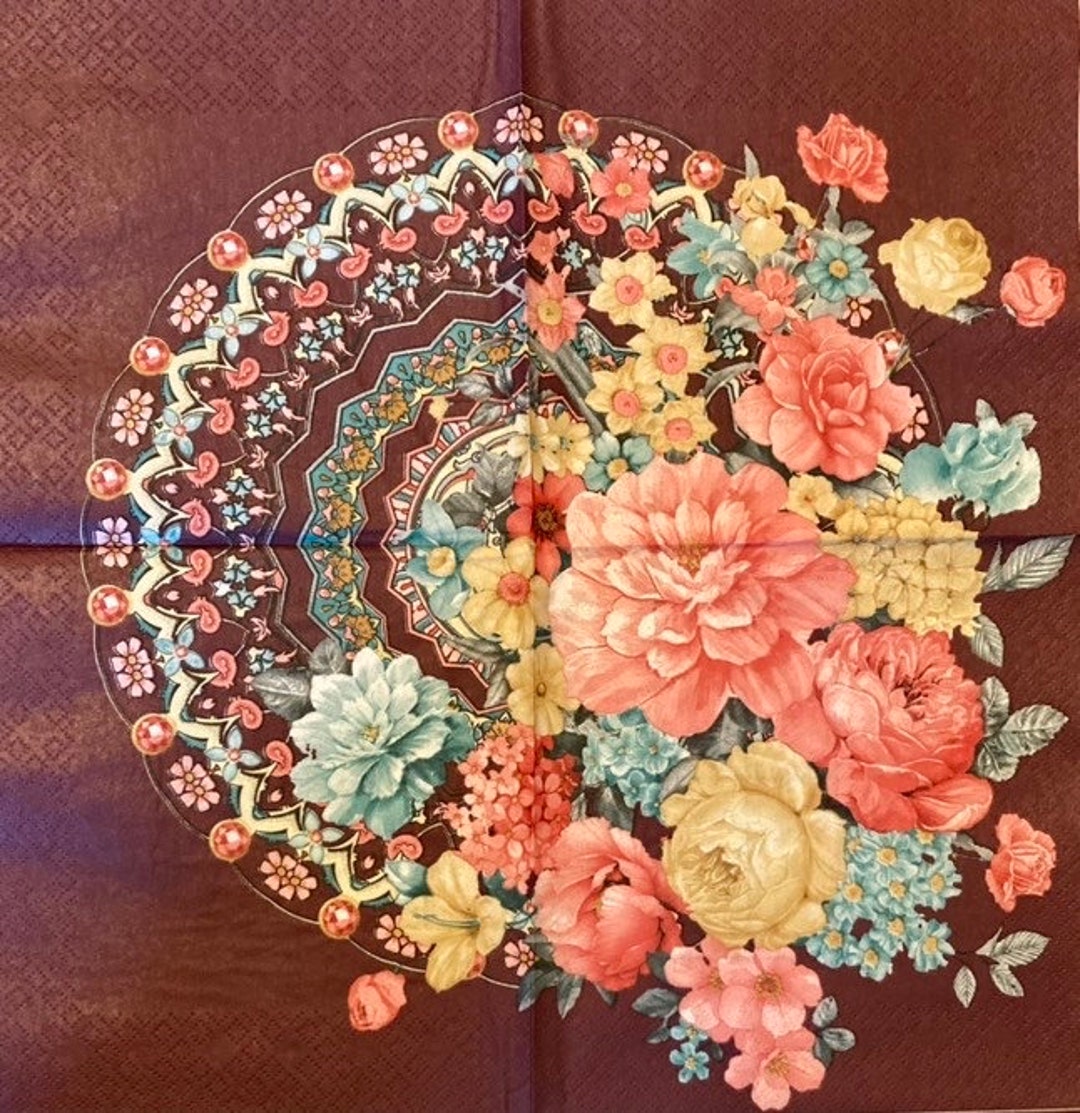 3 Decoupage Lunch Napkins, Boho Large Floral Scarf Design 13" X 13 ...