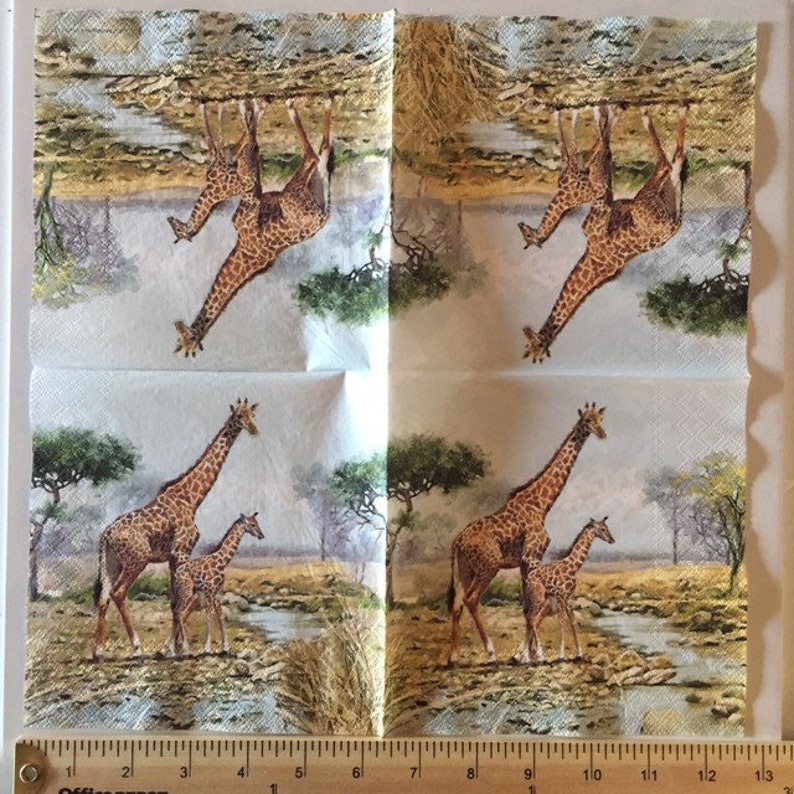 3 Decoupage Napkins, Giraffe Family African Animals 13" X 13" Unfolded ...