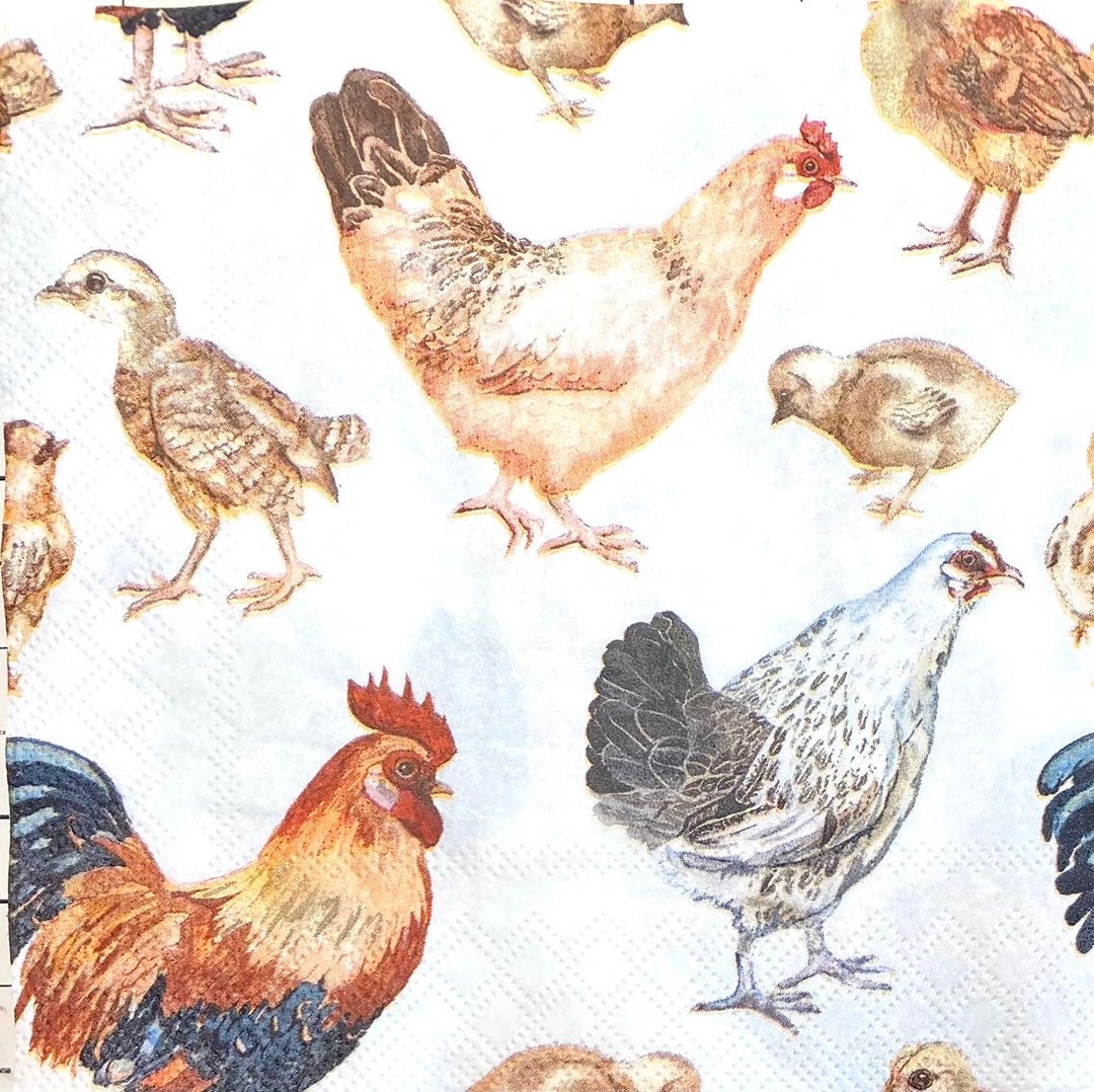 3 Decoupage Napkins, Fasana Chicken Hens Rooster Chicks, 13" X 13 ...