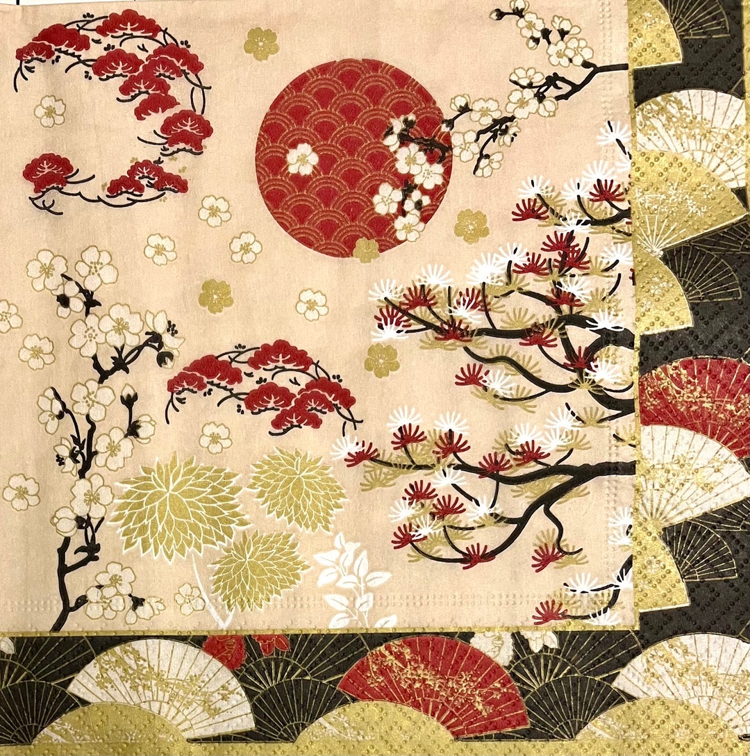 3 Decoupage Napkins, Beautiful Japanese Kimono Pattern Trees Fans, 13 ...