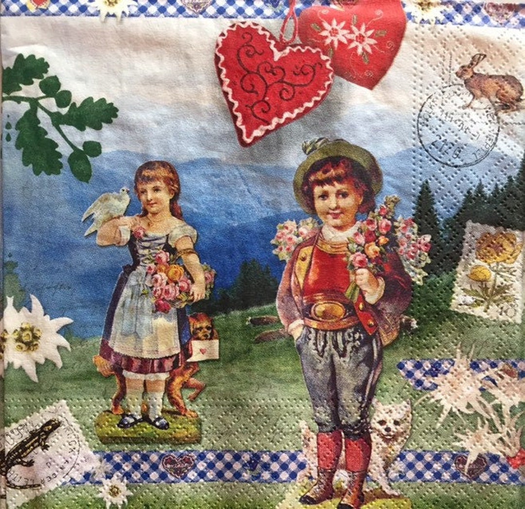 3 Decoupage Napkins, Alpine Children Valentine Collage 13" X 13 ...